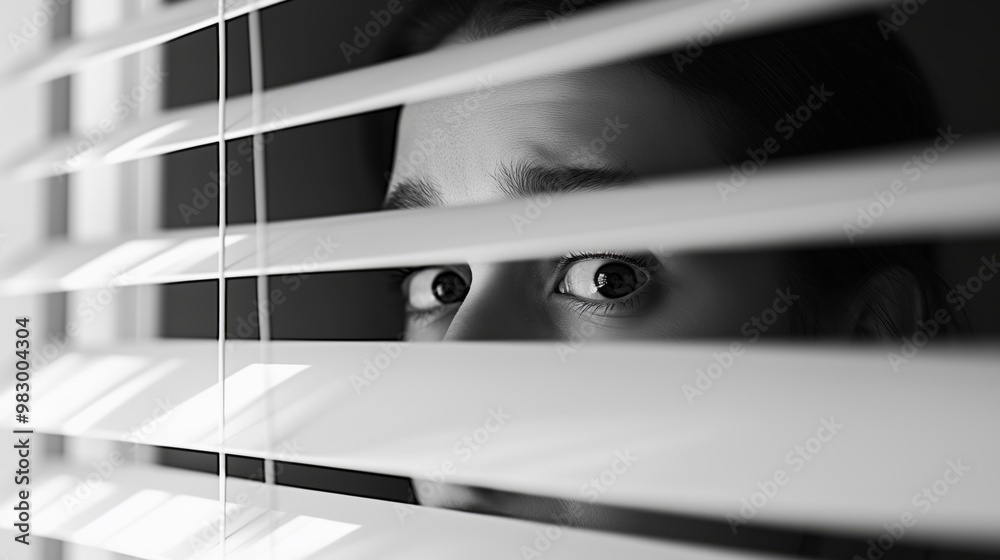 Black-and-white photograph of a person peeking through horizontal ...