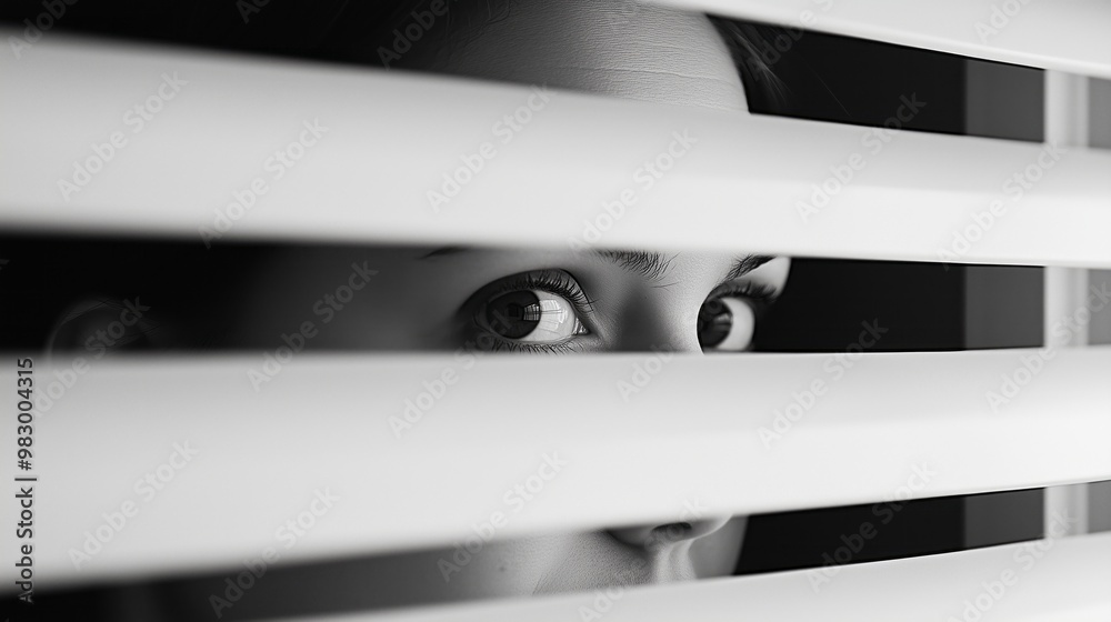 Black-and-white photograph of a person peeking through horizontal ...