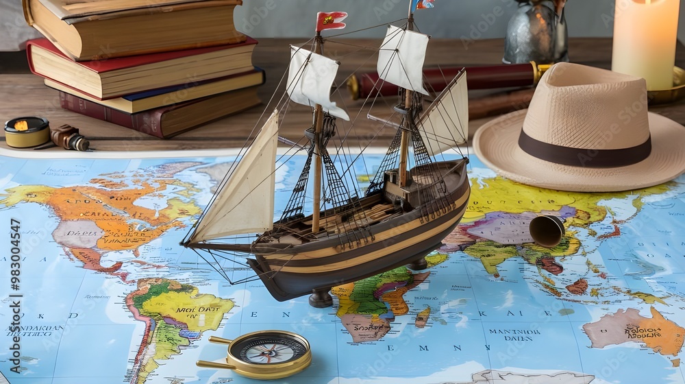 An old sailing ship model placed on a world map. The ship has a white ...