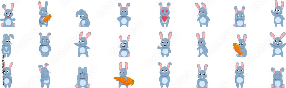 Rabbit character emotions icons set. Collection of adorable cartoon ...
