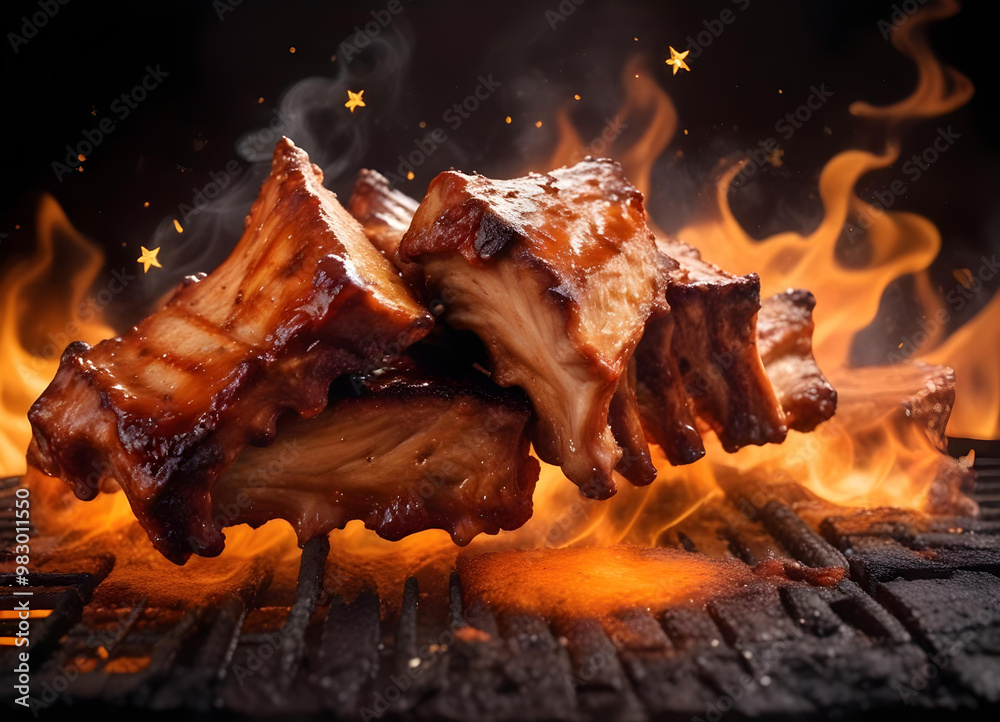 Juicy barbecue ribs grilling over an open flame on a charcoal grill ...