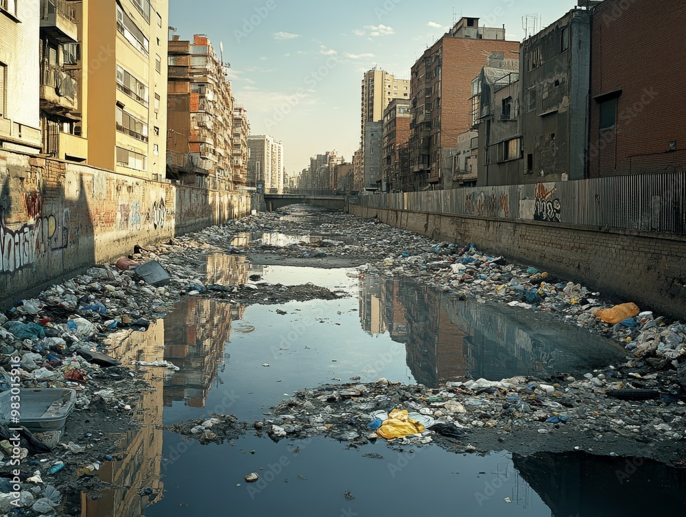A polluted canal in a bustling city holds debris and garbage, mirroring ...