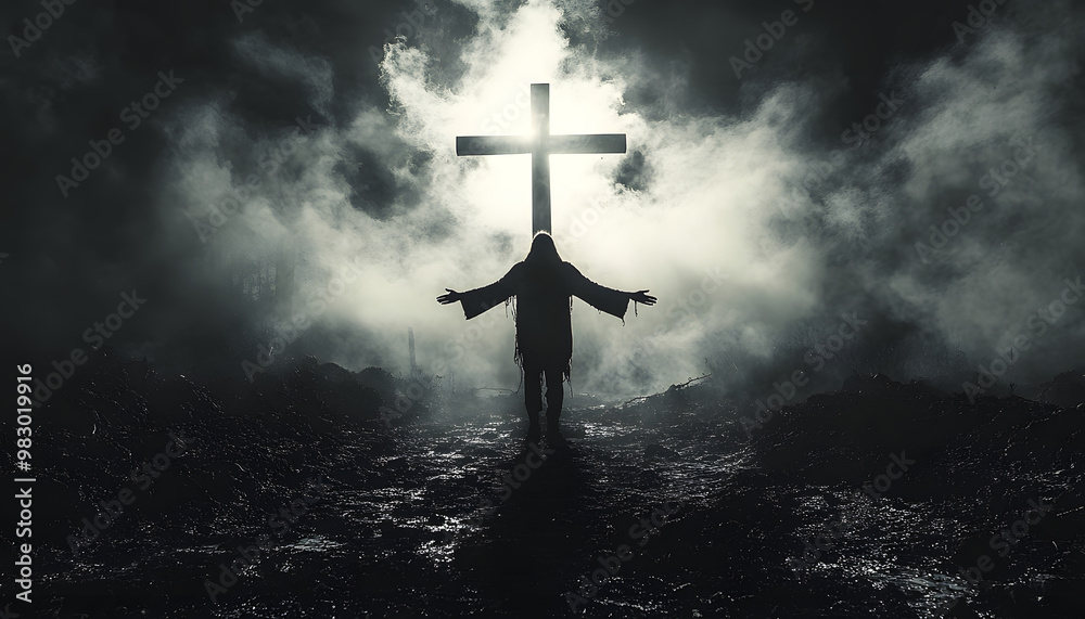 Jesus Standing in Front of the Cross with Arms Outstretched, Embracing ...