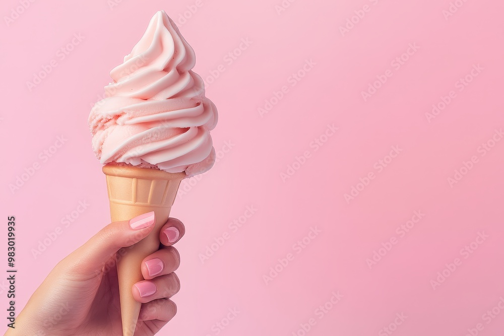 Delicious pink soft-serve ice cream in a waffle cone against a blue ...