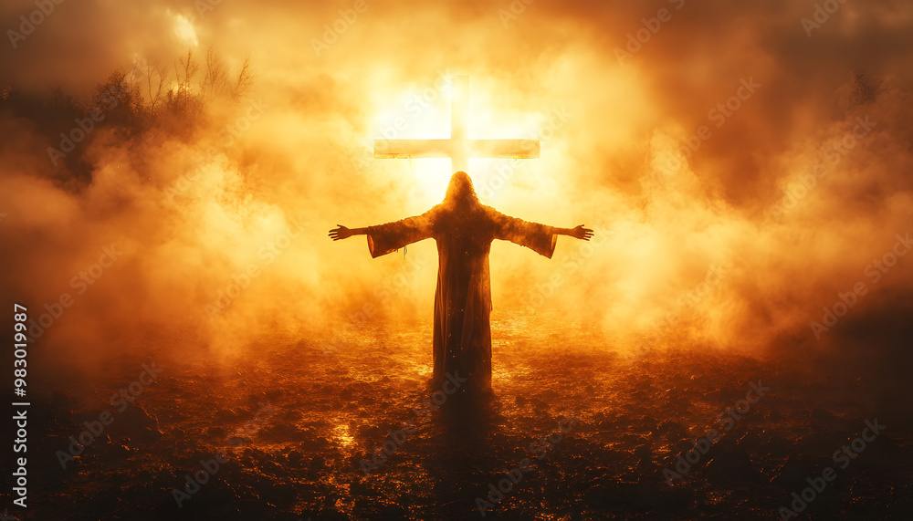 Jesus Standing in Front of the Cross with Arms Outstretched, Embracing ...