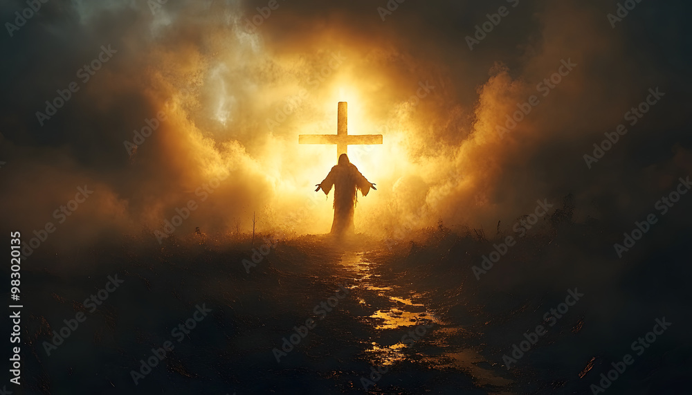 Jesus Standing in Front of the Cross with Arms Outstretched, Embracing ...