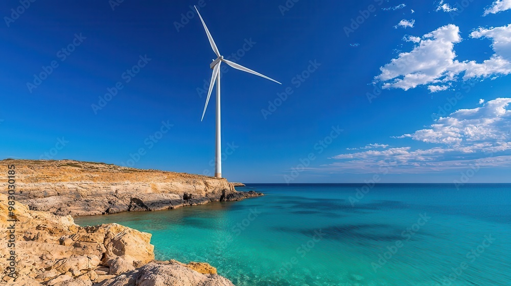 An electric windmill towering over a coastline, offshore wind power ...