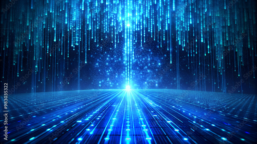Blue light drop with binary digits falling down with neon speedy power ...