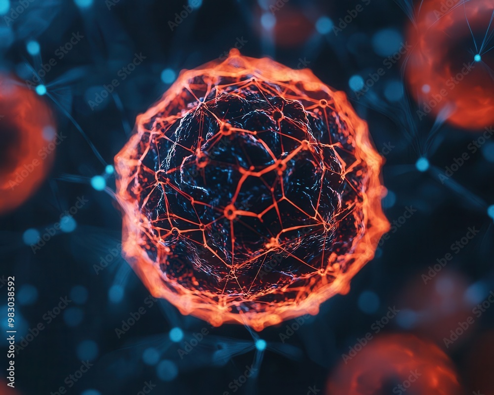 Virtual cell structure evolving, surrounded by algorithmic patterns ...