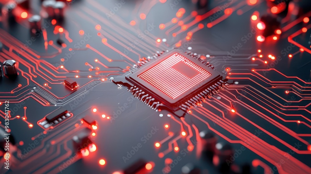 Microchip with AI circuits visualized as a glowing network, advanced ...
