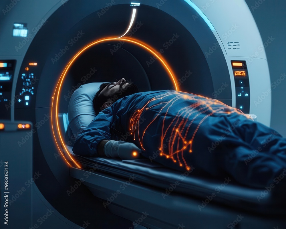 Patient undergoing PET scan with highlighted lymph nodes, futuristic ...