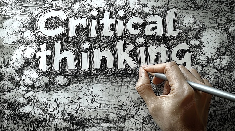 Hand-drawn sketch portraying the text 'Critical thinking' with ...