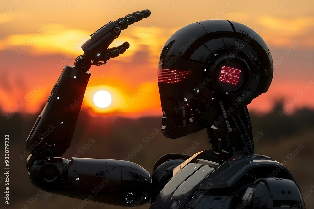 Silhouette Of A Humanoid Robot Saluting During Sunset, robot, soldier ...