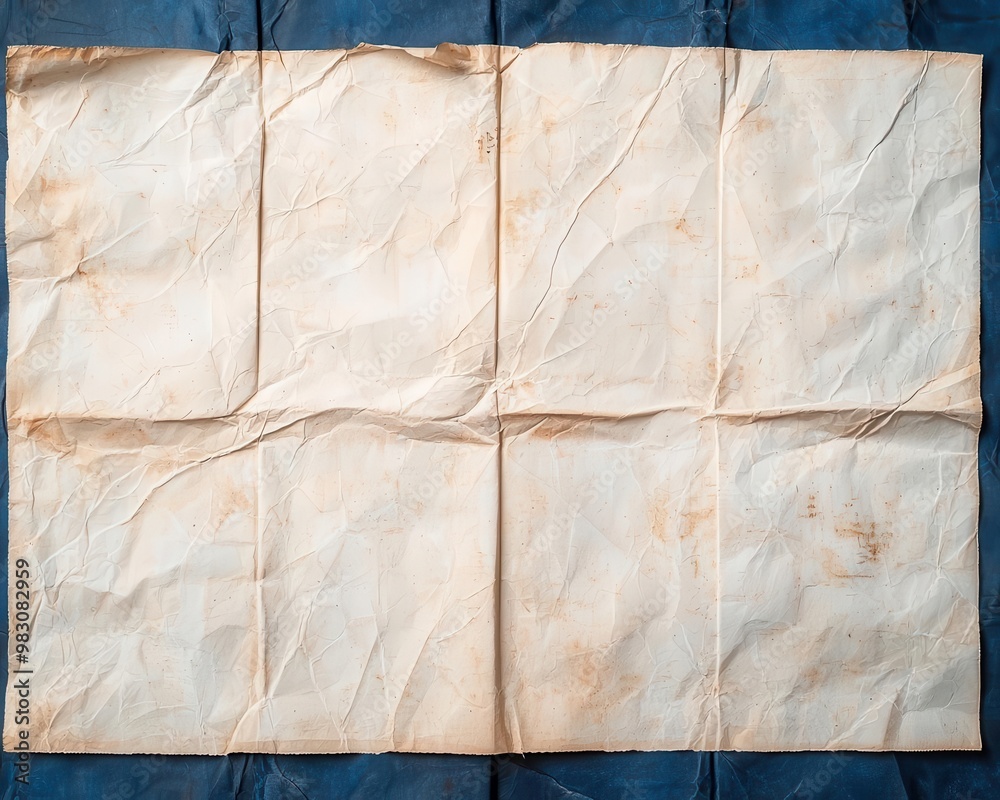 Folded blueprint with visible creases and dark stains, faded lines and ...