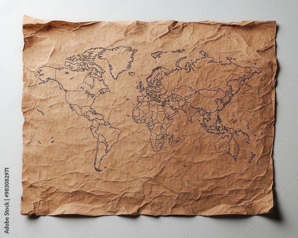 Vintage map with deep fold lines and aged patina, edges curled and ...