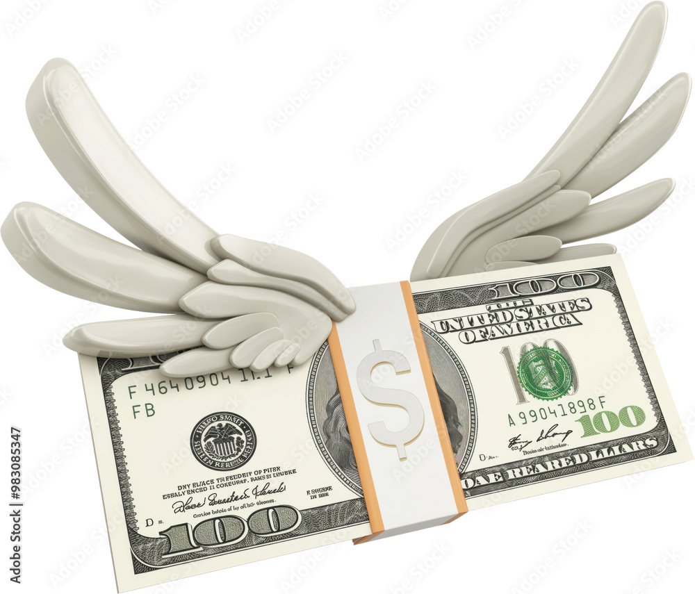 Flying dollar bill with wings representing financial freedom and easy ...
