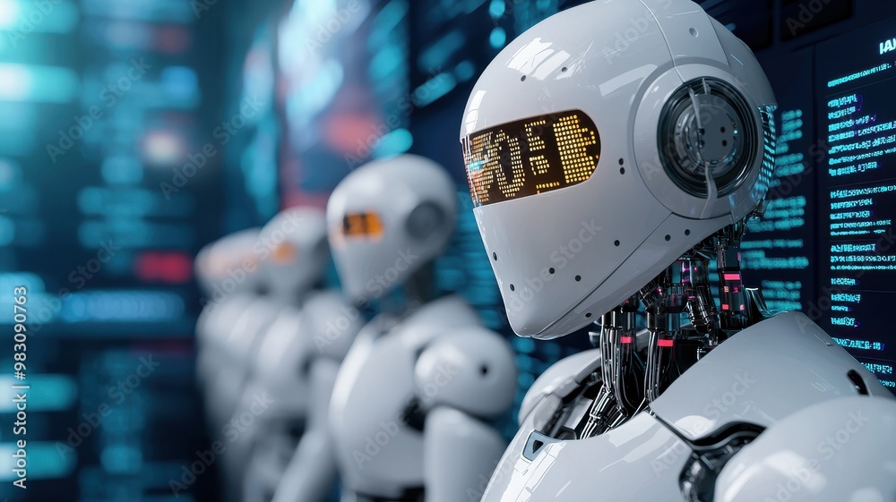 Futuristic robots display advanced technology in a digital environment ...
