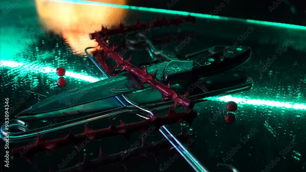 Syringes, Rose Stalks, Butterfly, Scissors, Rowan, Knife On A Mirrored ...