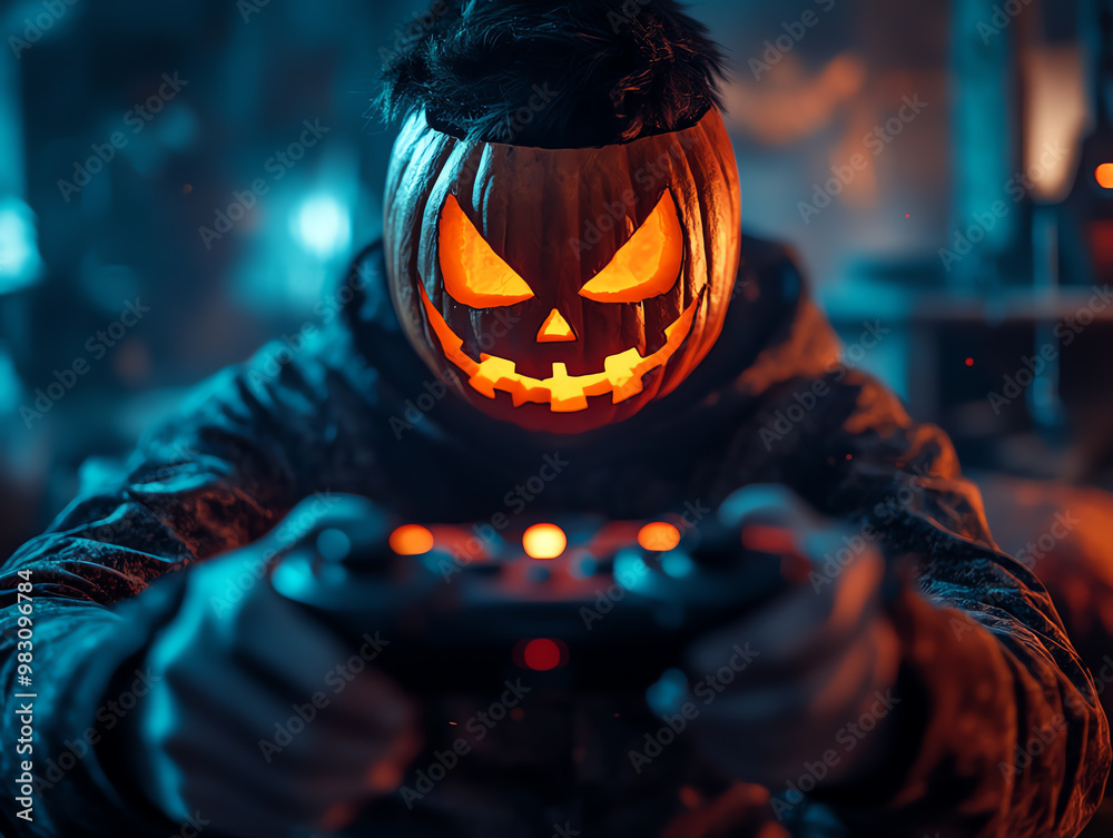 Spooky Halloween gamer in a jack-o'-lantern mask, immersed in playing ...