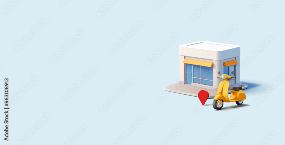 Yellow retro scooter, motorcycle, shop building, location icon, 3D ...
