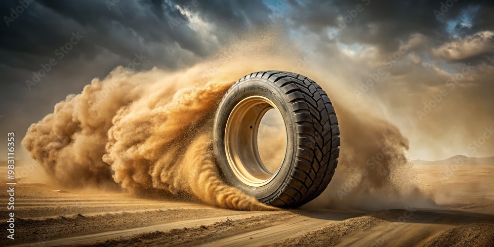 Dynamic Off-Road Tire Spinning Amidst Swirling Tan Dust Cloud in Gritty ...
