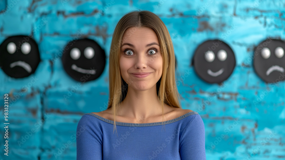 Woman smiling awkwardly in front of a wall of frowning faces Stock ...