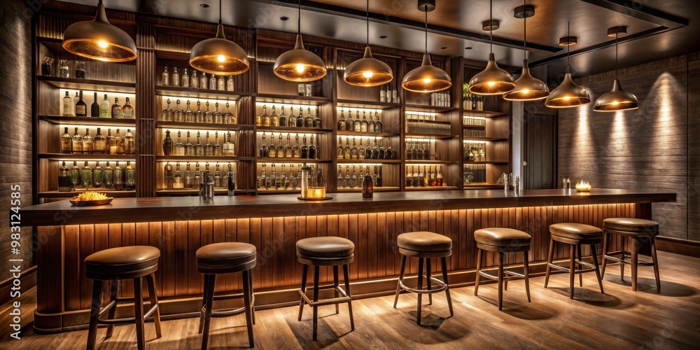 Warm, inviting bar with golden light and dark wood, golden pendant ...