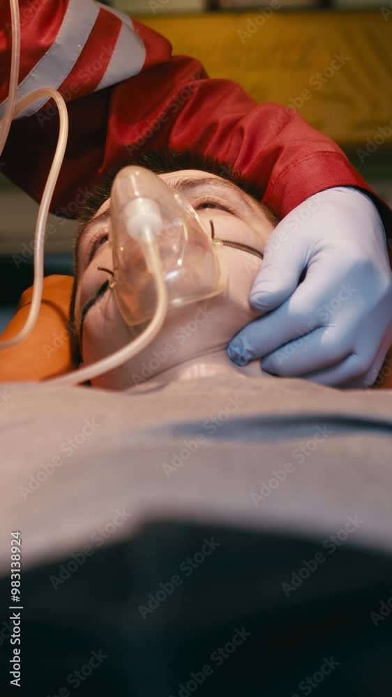 Vertical video. Patient, paramedic and blood pressure with oxygen mask ...