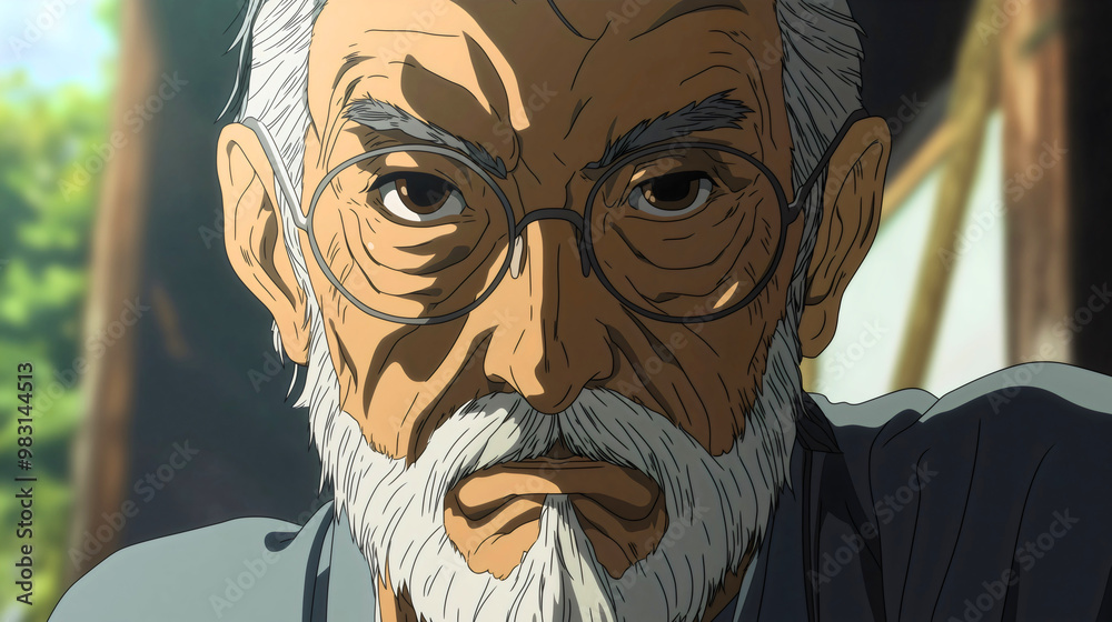 An anime older man in his eighties with gray hair and a wrinkled face ...