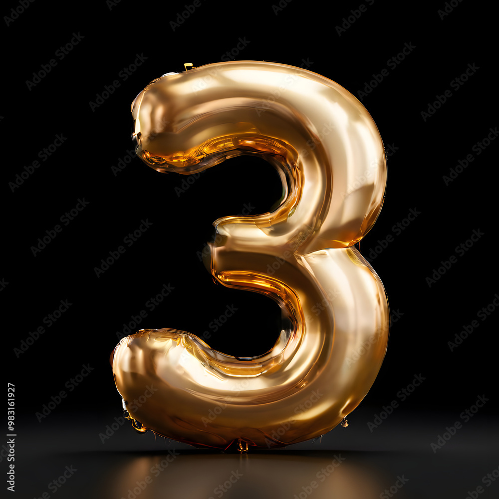 3d golden balloon of digit 3 in a shiny finish isolated on a ...