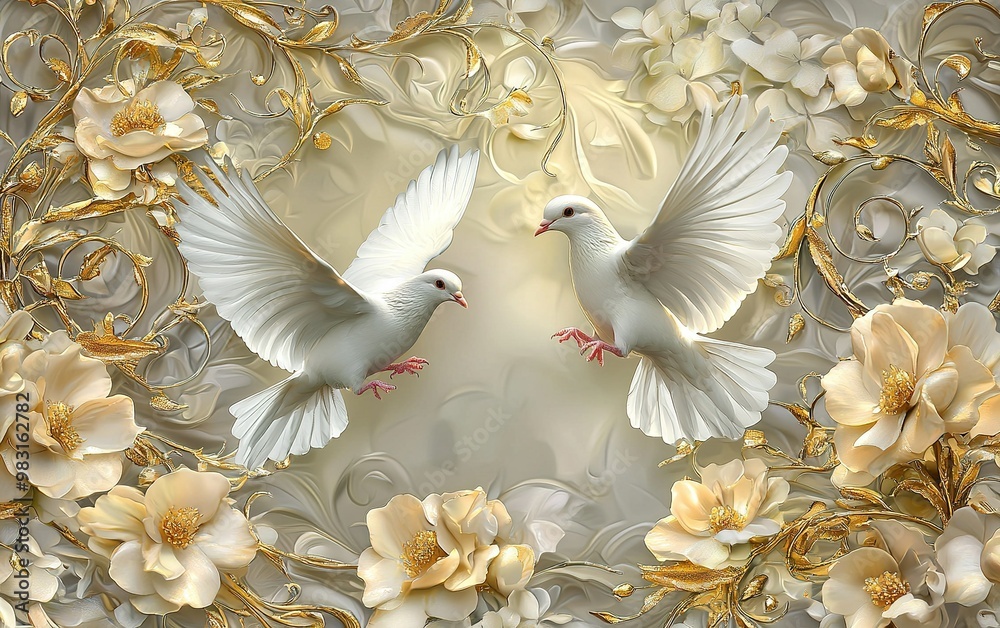 Two white doves in a floral arrangement with gold accents create a ...