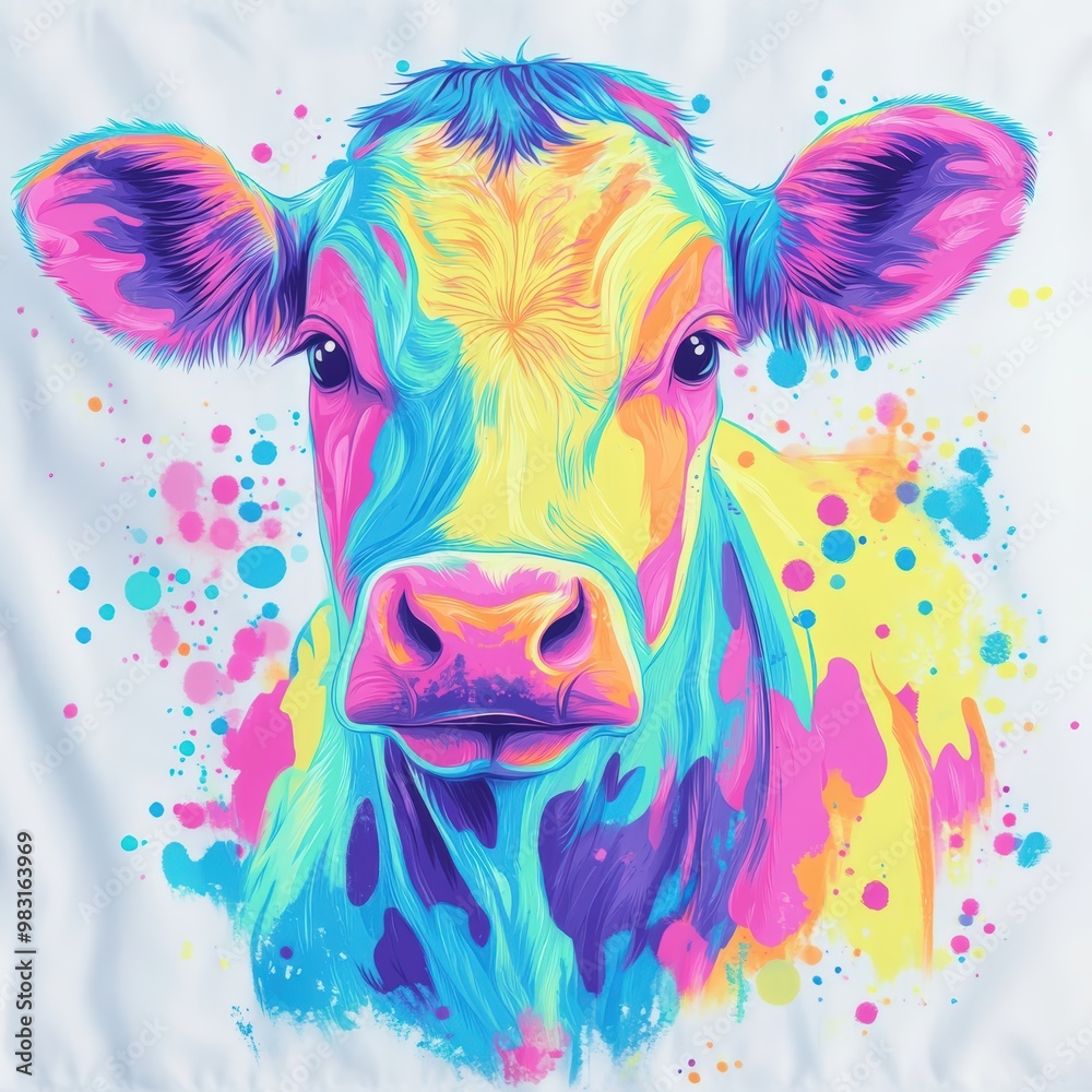 A fun, vibrant cow with soft pastel colors that glow with a neon ...