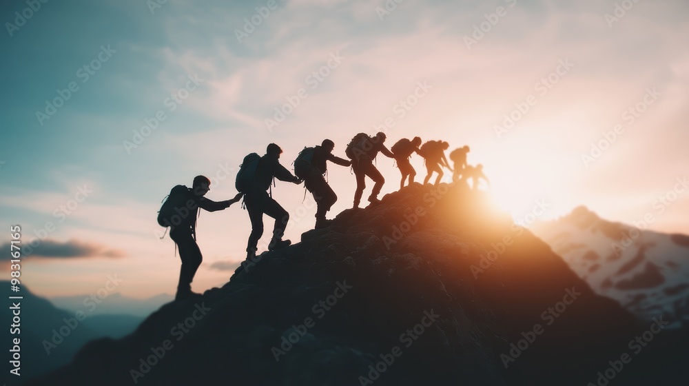 A team of climbers assists each other while climbing a steep mountain ...