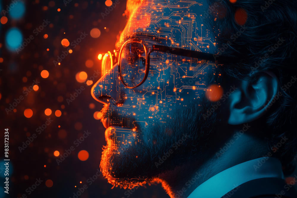 A visionary businessman with a digital brain profile illustrating the ...