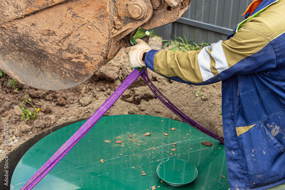 Installing septic tank in a country house. Excavator lowers the septic ...