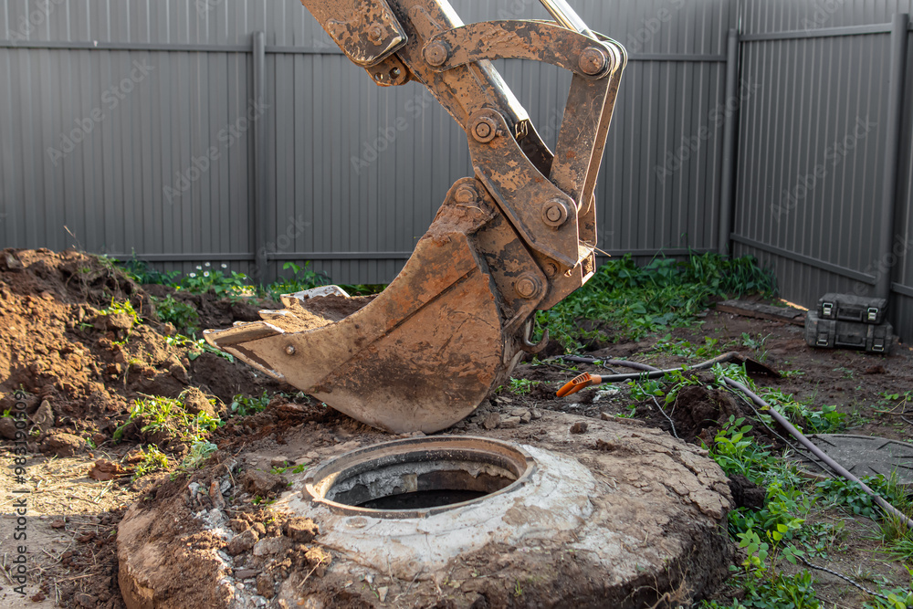 Dismantling of the well with an excavator. Old concrete well cover ...
