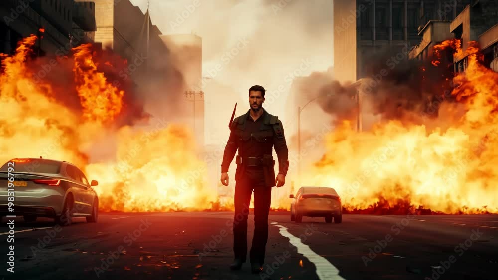 Action shot with brave man walking leaving fire and explosions behind ...