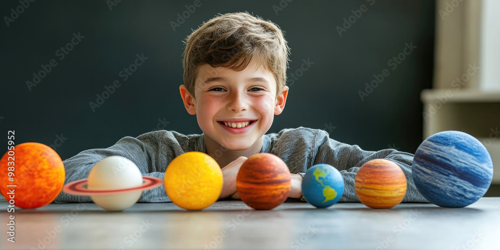 A boy enthusiastically smiles while sitting behind a colorful model of ...