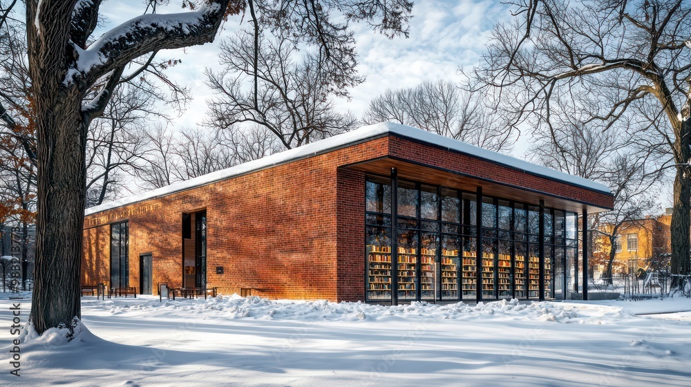 A modern brick library in a snowy urban park, its fa? section ade ...