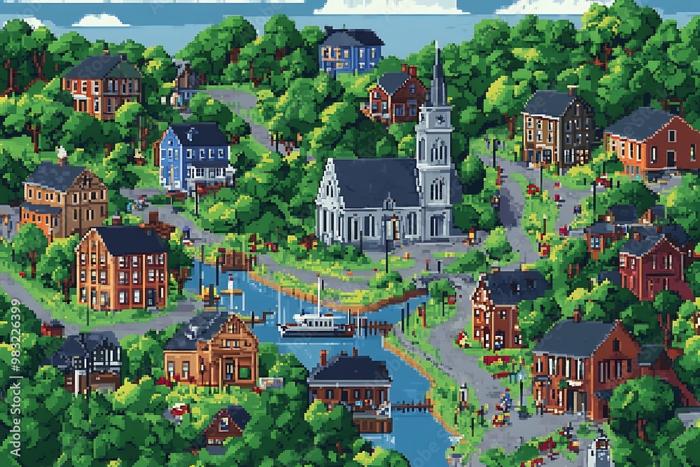 Illustrated Map of a Small Town with Houses, Church, River, and Boats ...