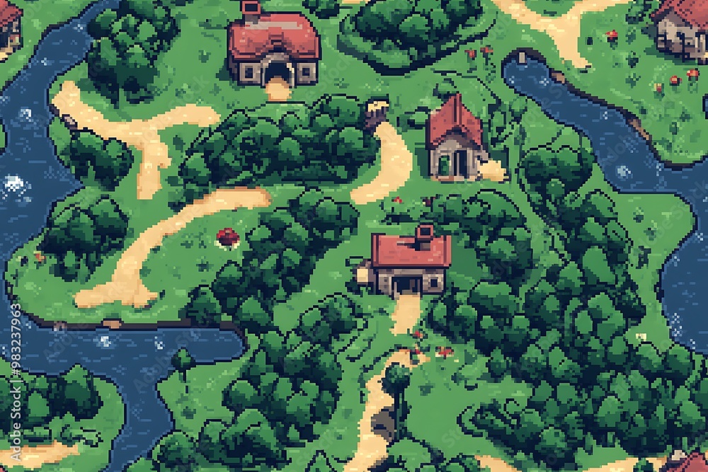 Pixel Art Village by the River Seamless Pattern for Game Background ...