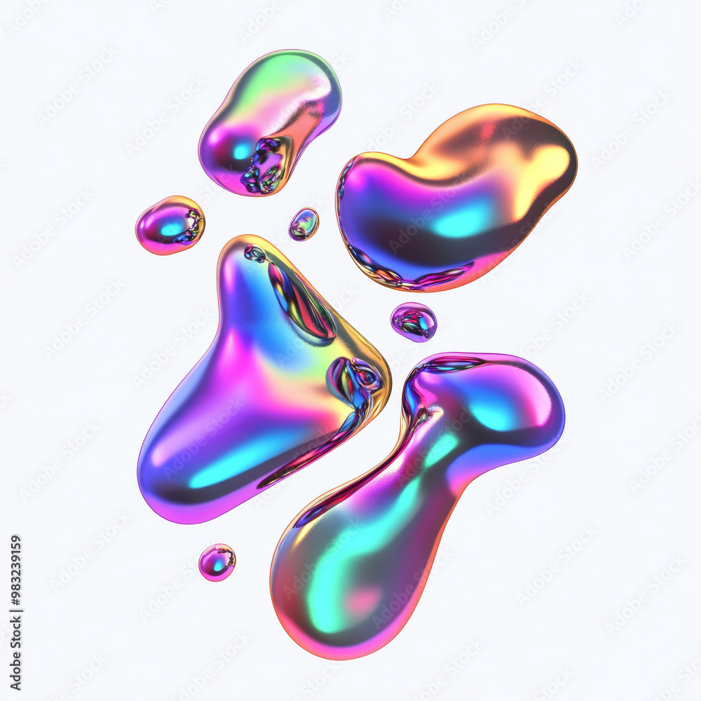 Shiny, colorful blobs of metal floating in mid-air. They look like ...