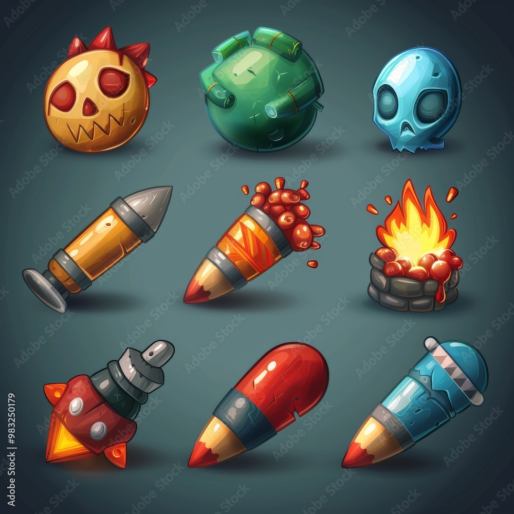 UI HUD 3D game icons of poison toxic venom projectiles ammo bullets ...