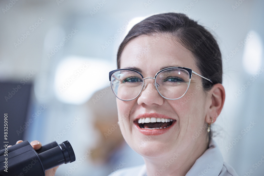 Woman scientist, portrait and microscope for medical research in ...