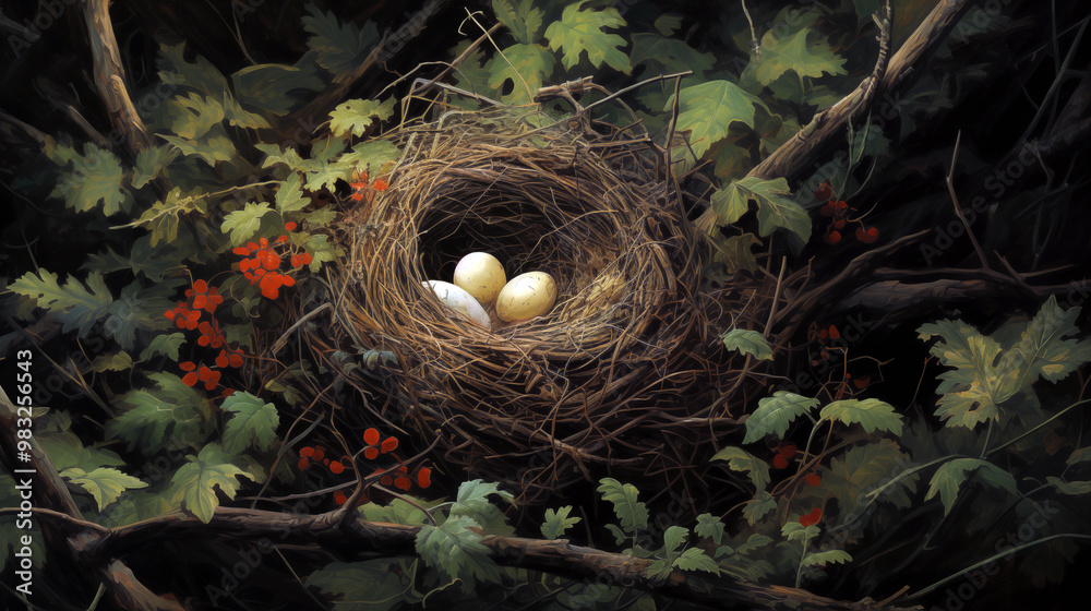 Round wicker bird's nest with eggs. The nest is located among grass and ...