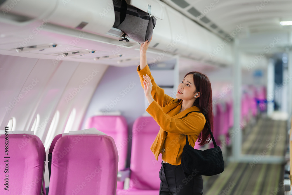 Poster Boarding Pass, Overhead Compartment, and a Smile: A young woman ...