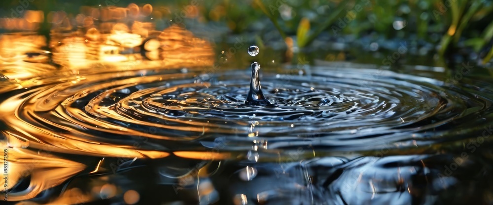 Close-up shot capturing the moment a water droplet hits the surface of ...