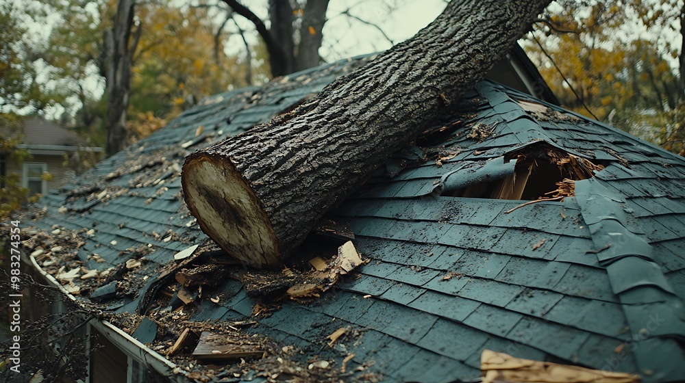 A close-up view of a broken tree trunk resting heavily on the roof of a ...