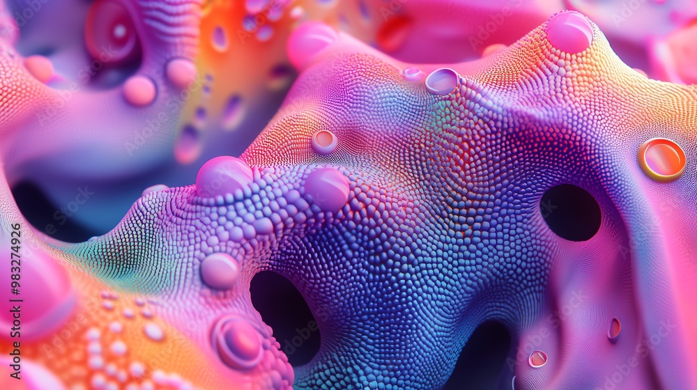 Abstract, colorful, 3D render of a textured surface with bumps, holes ...