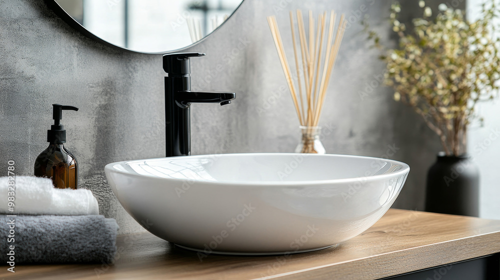 Feature a sleek, modern wash basin with a smooth, white surface. The ...